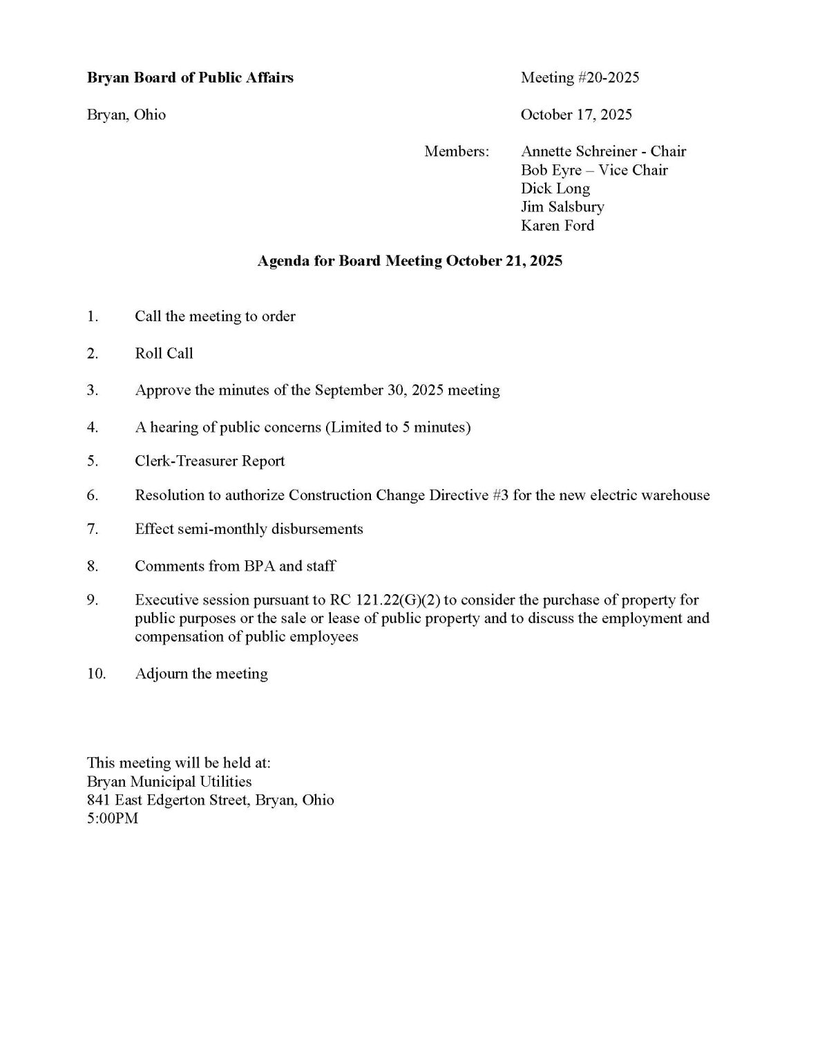 Bryan Board of Public Affairs – Bryan, Ohio – 10/21/2025 – Agenda – BMU